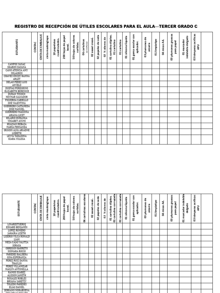 Registro de Recepción de Útiles Escolares para El Aula | PDF