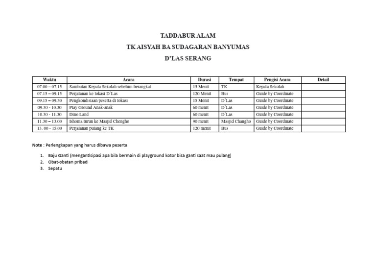 Rundown Acara Piknik TK Aisyah | PDF