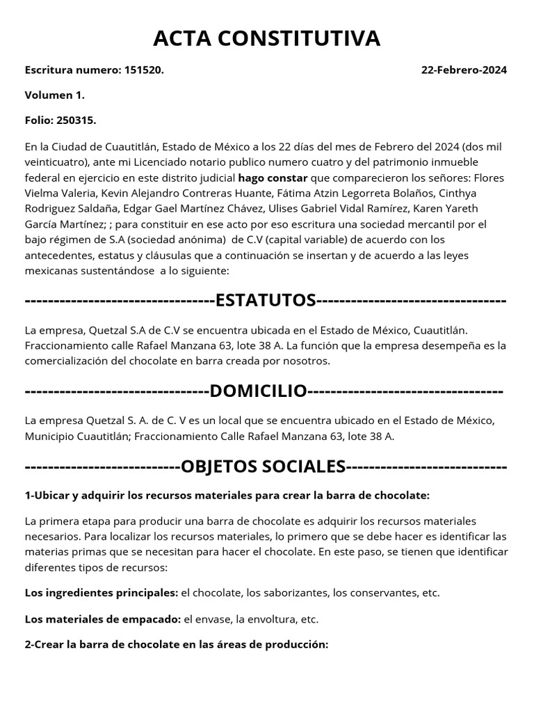 ACTA CONSTITUTIVA (EJEMPLO) | PDF | Business | Chocolate