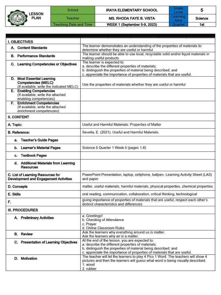 DLP Science 5 Rhoda | PDF | Learning | Ductility