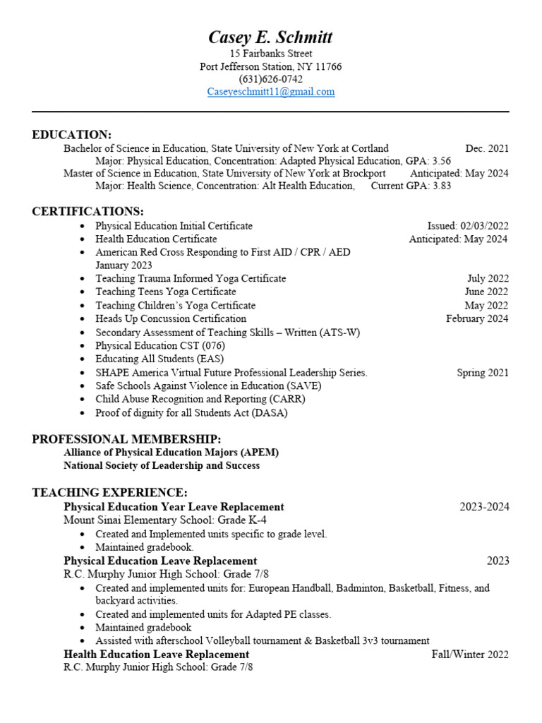 Casey Schmitt Resume | PDF | Physical Education