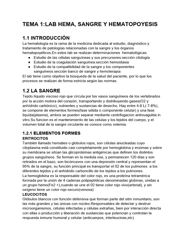 Tema 1 - Lab de Hema, Sangre y Hematopoyesis | Descargar gratis PDF | Sangre | Leucocito