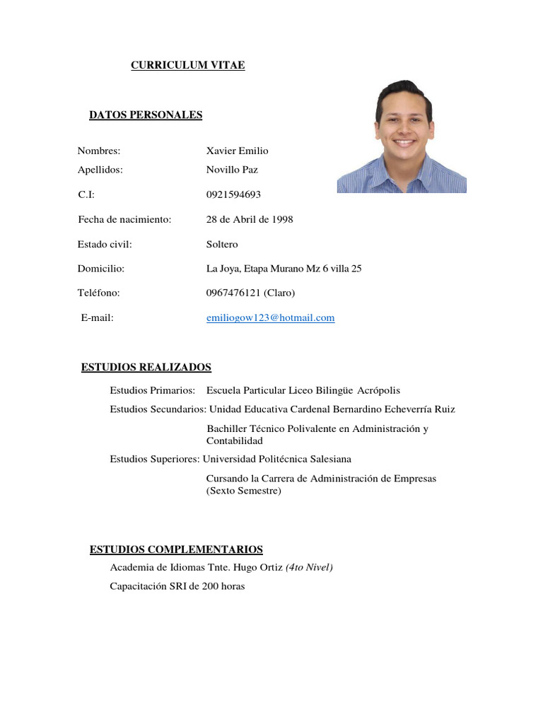 CV XAVIER NOVILLO P | PDF | Industrias de servicio | Economias