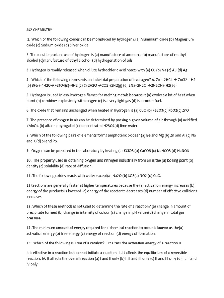 SS2 CHEMISTRY-WPS Office | PDF | Chemical Reactions | Hydrogen