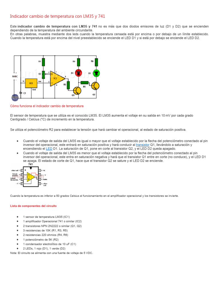 Indicador Cambio de Temperatura Con LM35 y 741 | PDF