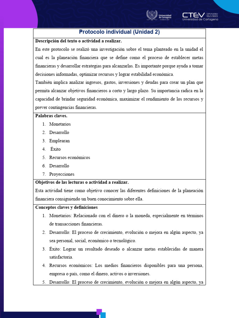 PROTOCOLO INDIVIDUAL FINANZAS U.2 ### | PDF | Planificación | Economias