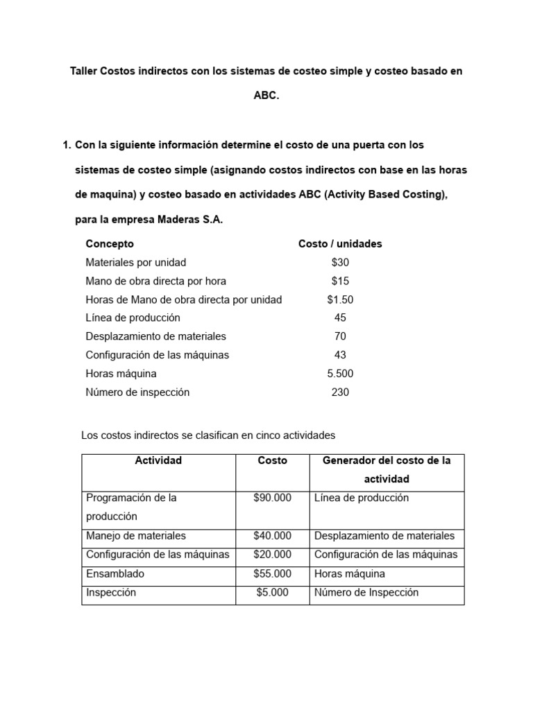 Taller Costos Indirectos Con Los Sistemas de Costeo Simple y Costeo ...