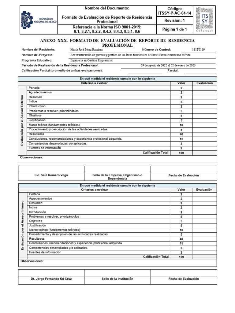 9. FORMATO DE EVALUACION DE REPORTE FINAL MUESTRA EDITABLE | PDF | Evaluación | Business