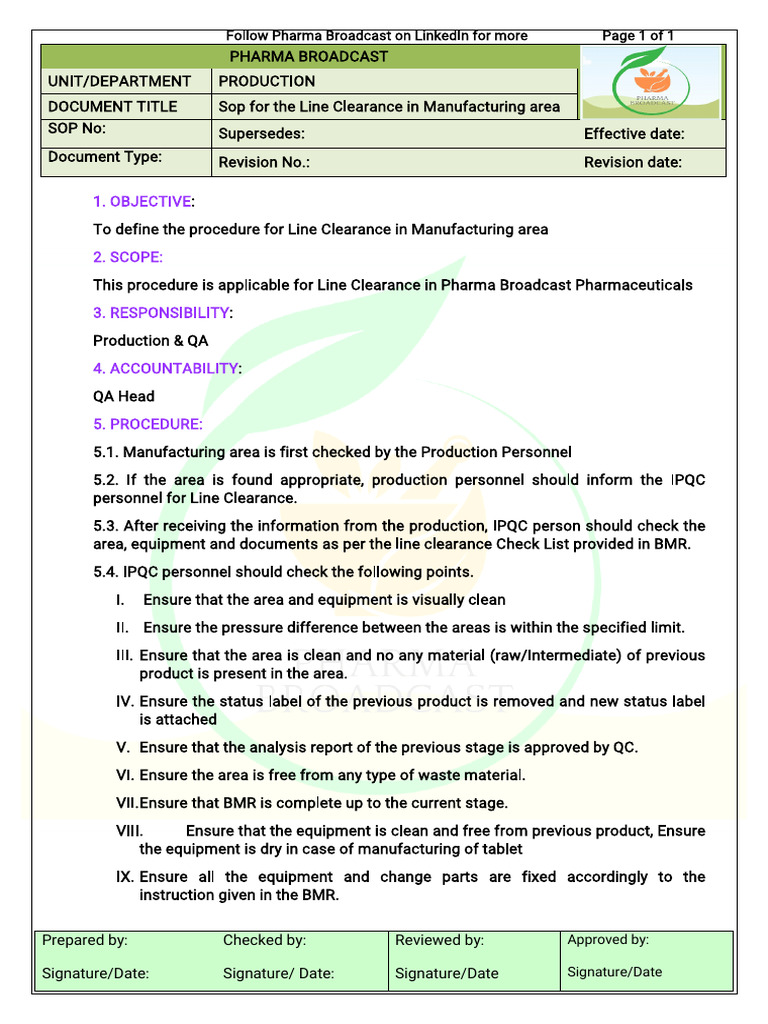 SOP for Line Clearance in Pharma Production | PDF | Technology ...