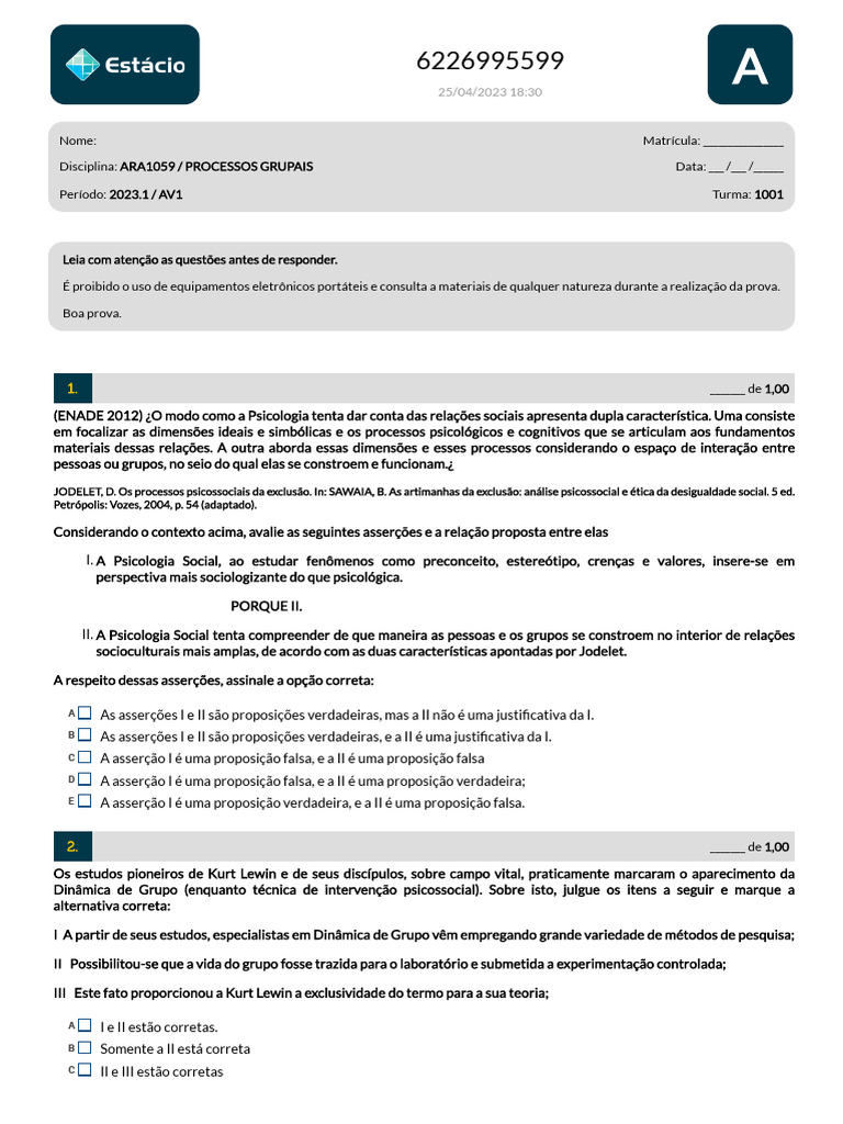 Prova PROCESSOS GRUPAIS - A Estácio | PDF | Psicologia | Psicologia Social Prova PROCESSOS GRUPAIS - A Estácio | PDF | Psicologia | Psicologia Social