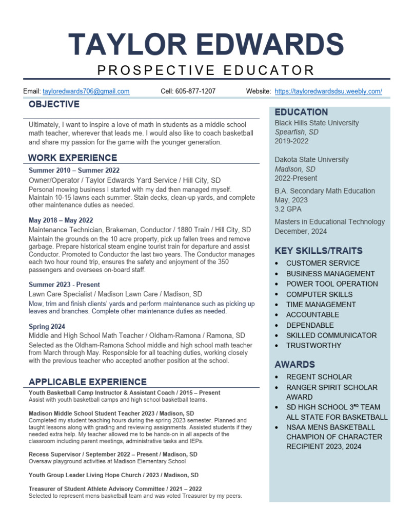 Taylor Edwards Resume | PDF | Conductor (Rail) | Teachers