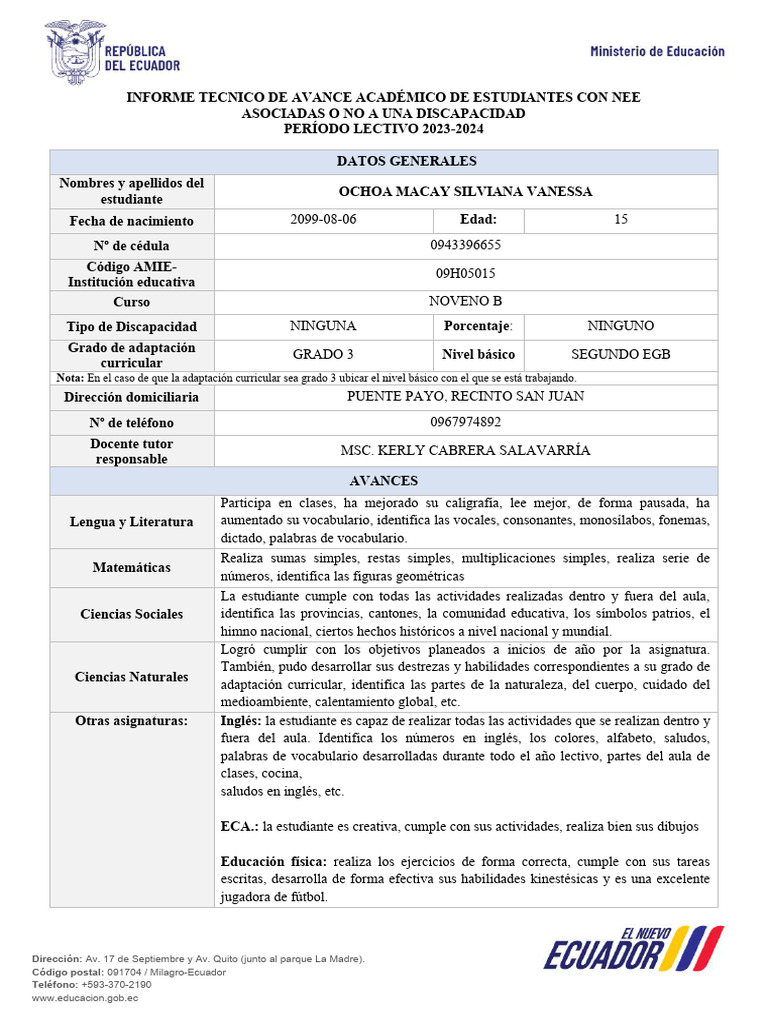 Infome de Avance Academico 2023 Udai Ochoa Vanessa | PDF | Aprendizaje | Salón de clases