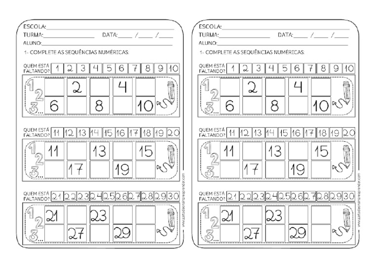 Ativ de Casa - Completar Numeros Na Sequencia - 04.03.24 | PDF