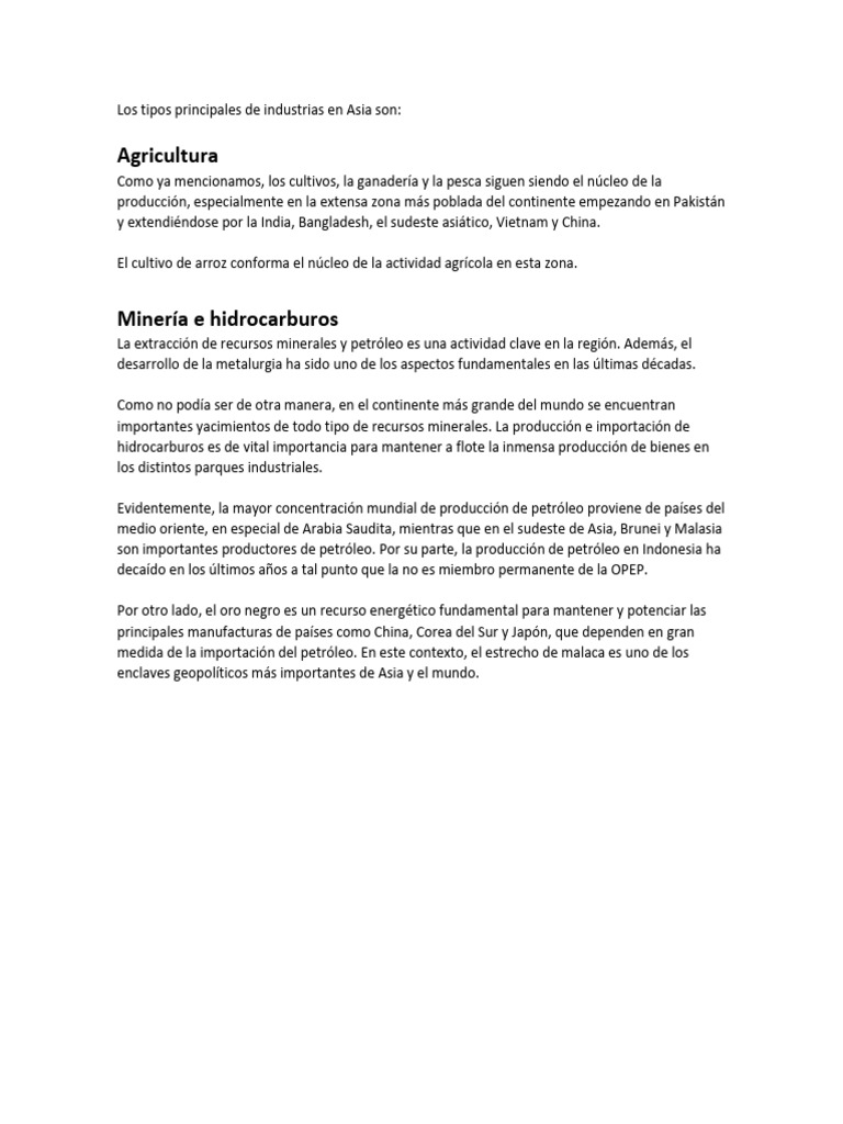 Los Tipos Principales de Industrias en Asia | PDF | Asia | Agricultura