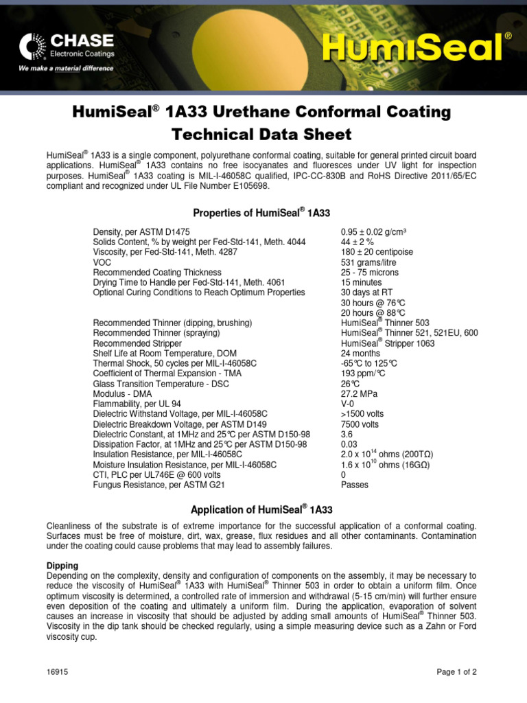 Humiseal 1A33-TDS | PDF | Polyurethane | Viscosity