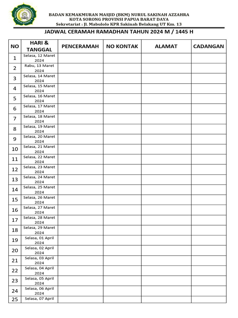 Form Jadwal Ceramah Ramadhan Tahun 2024 M | PDF