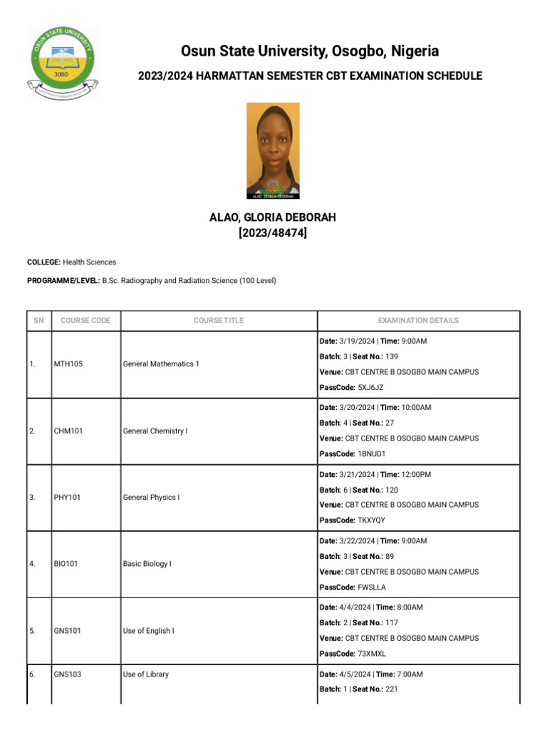 Osun State University, Osogbo - Examination Schedule | PDF
