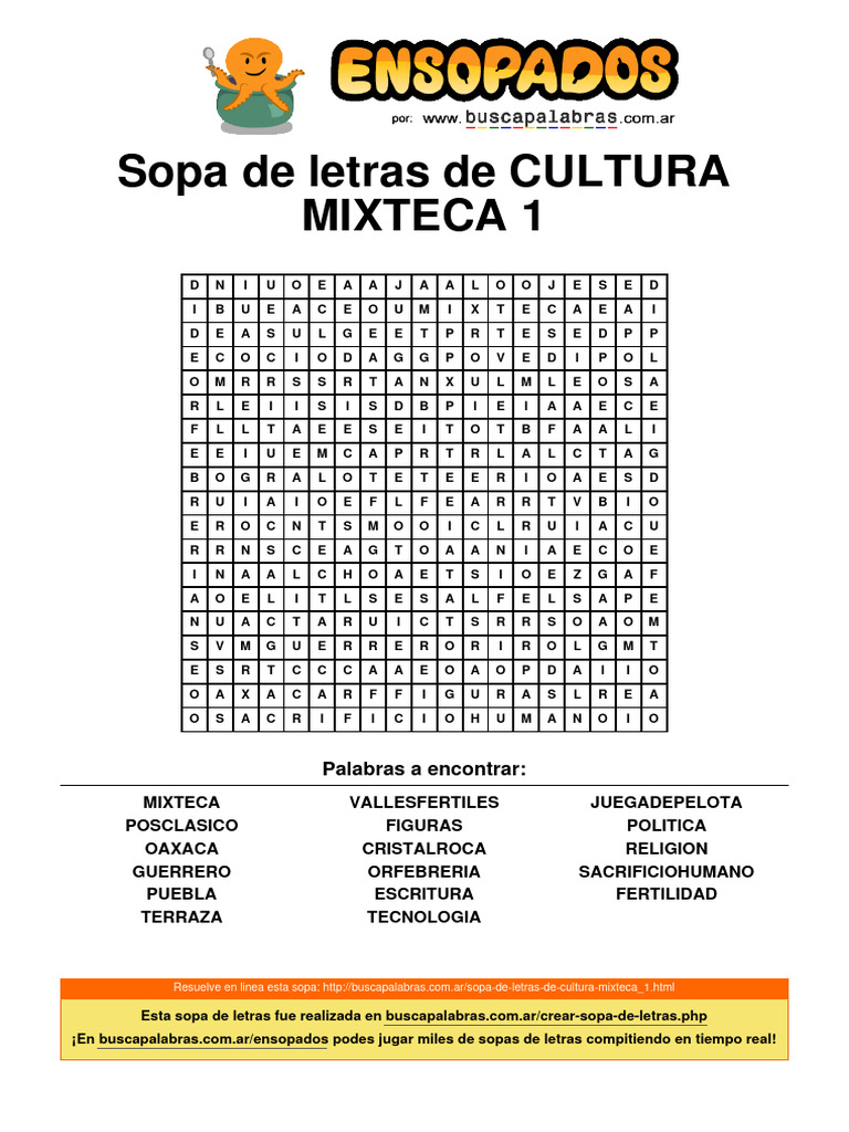 Sopa de Letras: Cultura Mixteca | PDF | Mesoamérica