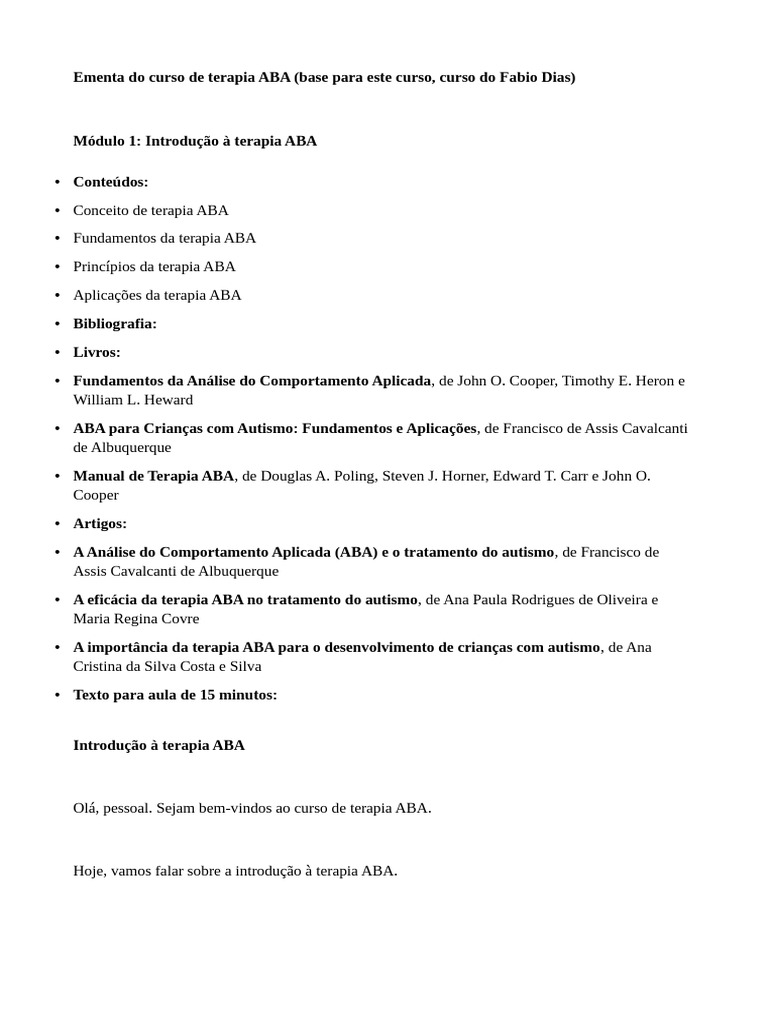 Ementa do Curso de Terapia ABA | PDF | Acessibilidade | Exclusão social