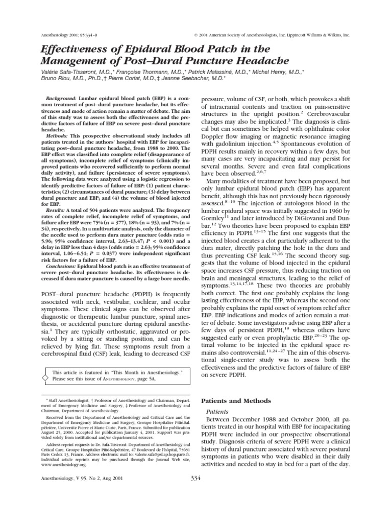 Effectiveness of Epidural Blood Patch in The Management of Post-Dural ...