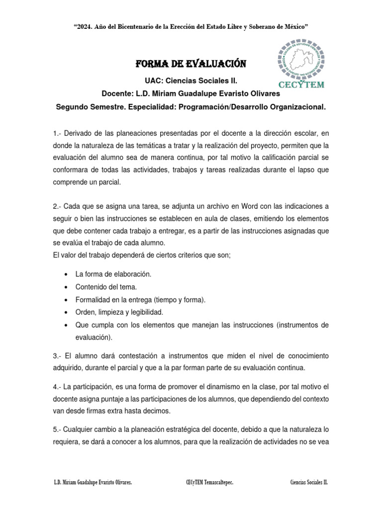 Criterios de Evaluacion Segundo Semestre | PDF | Evaluación | Maestros