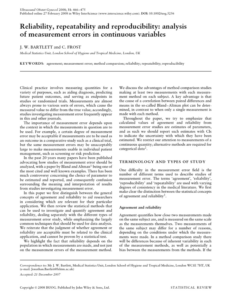 Reliability, Repeatability and Reproducibility: Analysis of Measurement ...
