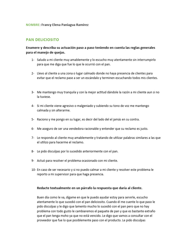 Manejo Efectivo de Quejas en Panadería | PDF | Panes