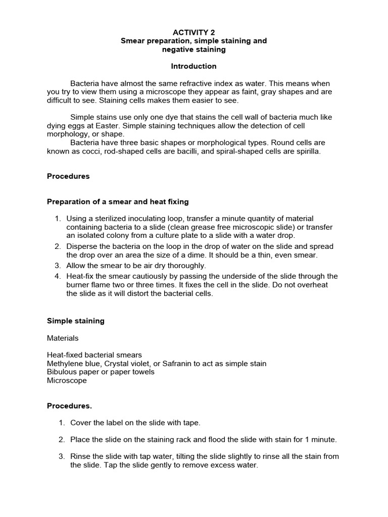 ACTIVITY 2 Smear Preparation and Simple Staining - Procedure | PDF ...