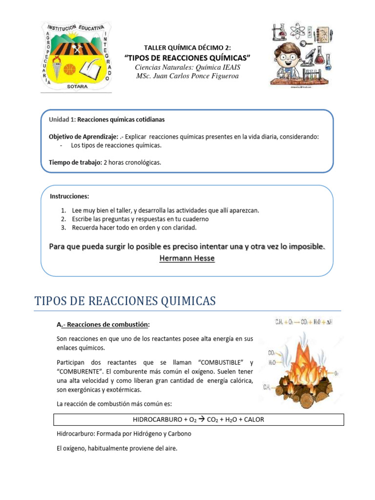 Taller Reacciones Químicas Décimo 2024 | PDF | Cloro | Reacciones químicas