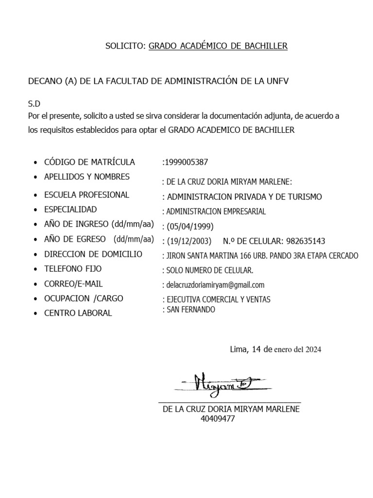 Requisitos para Obtencion Bachiller Miryam de La Cruz Doria - Compressed | PDF | Titulo academico