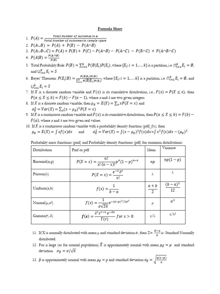 formula_sheet_MTE23 | PDF | Probability Distribution | Probability Density Function