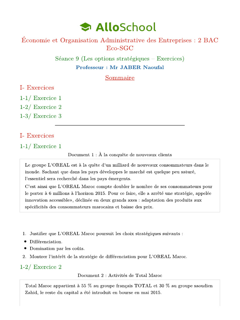 Seance 9 Les Options Strategiques Exercices | PDF