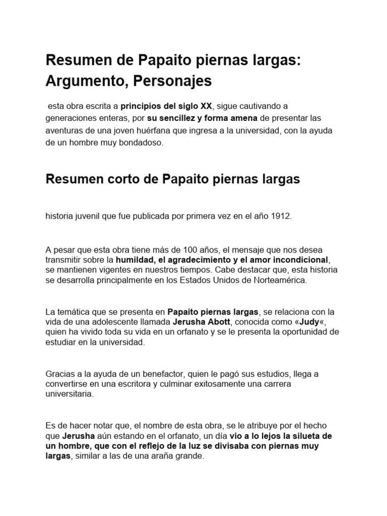 Resumen y personajes de Papá piernas largas | PDF