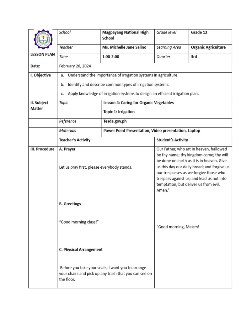 LESSON PLAN in TVL 12 | PDF | Irrigation | Lord's Prayer
