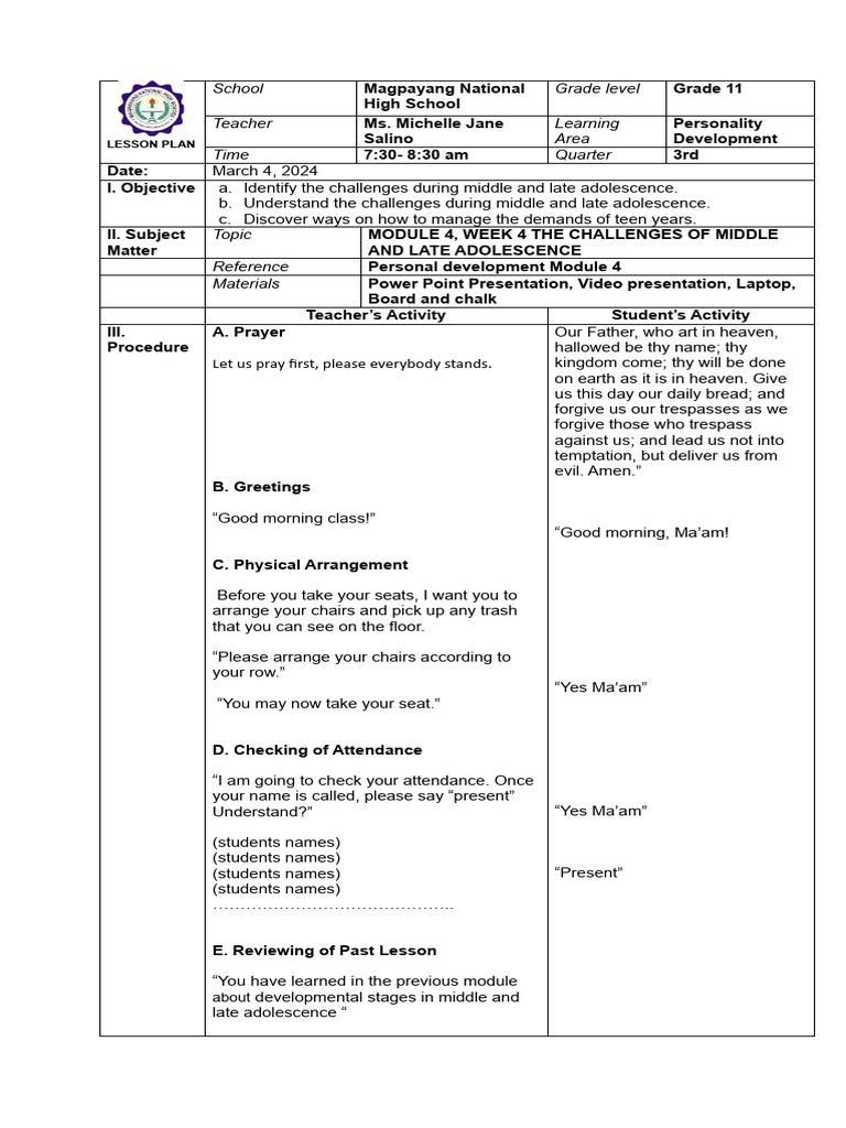 Perdev Lesson Plan Module 4 | PDF | Adolescence | Major Depressive Disorder