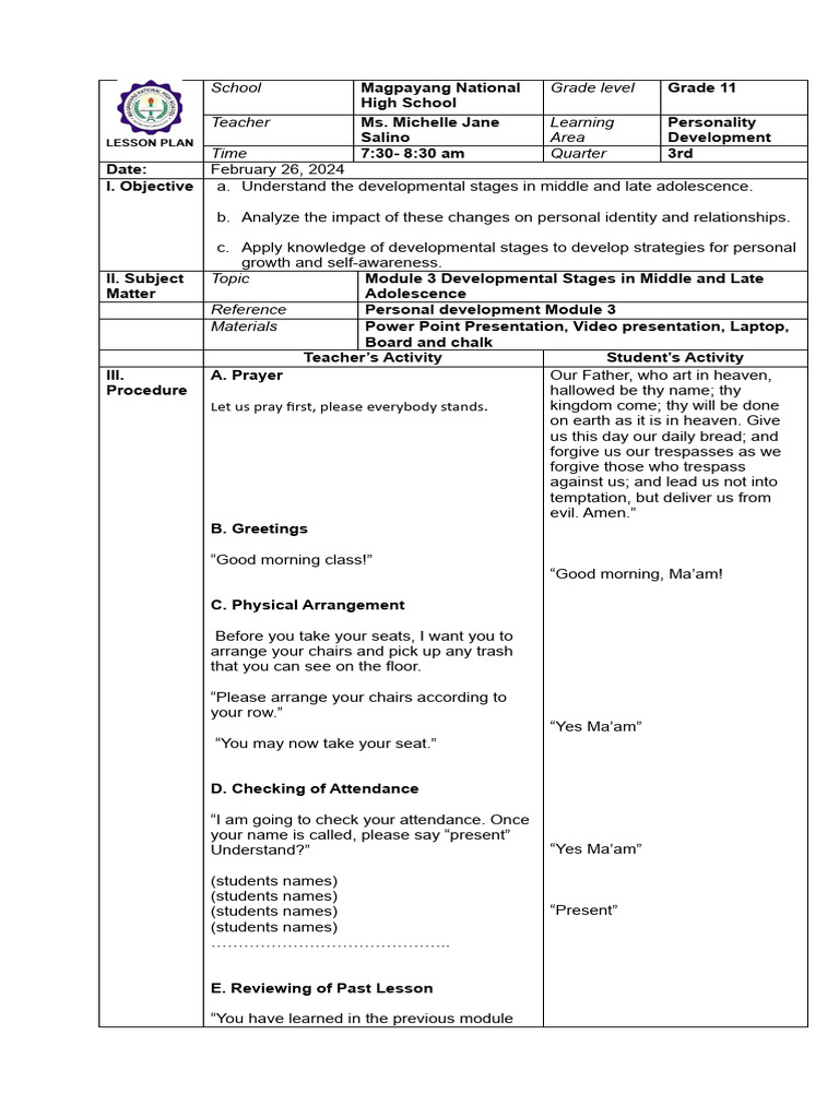 Perdev Lesson Plan | Download Free PDF | Adolescence | Self Control