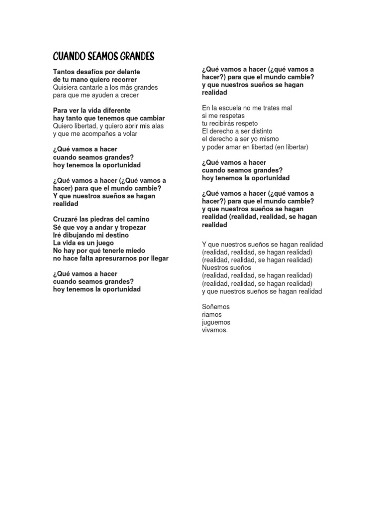 Cuando Seamos Grandes - Letra. | PDF | Artes del Lenguaje y ...