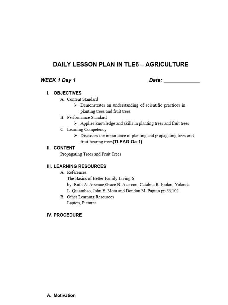 Grade 6 DLP - TLE - Agriculture - Week 1 | PDF | Trees | Plants