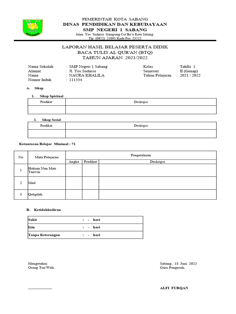 Contoh Raport BTQ Untuk SMP/MTs | PDF