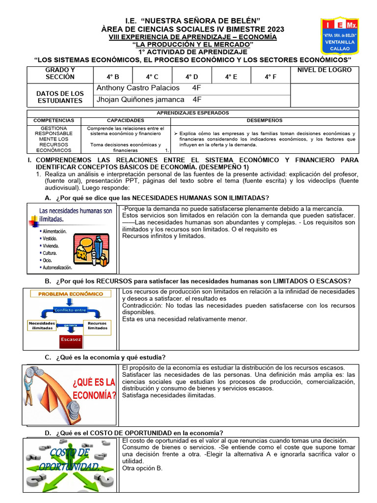 SEMANA 40 - FICHA DE ANALISIS 1° ADA “LOS SISTEMAS ECONÓMICOS^J EL PROCESO ECONÓMICO Y LOS ...