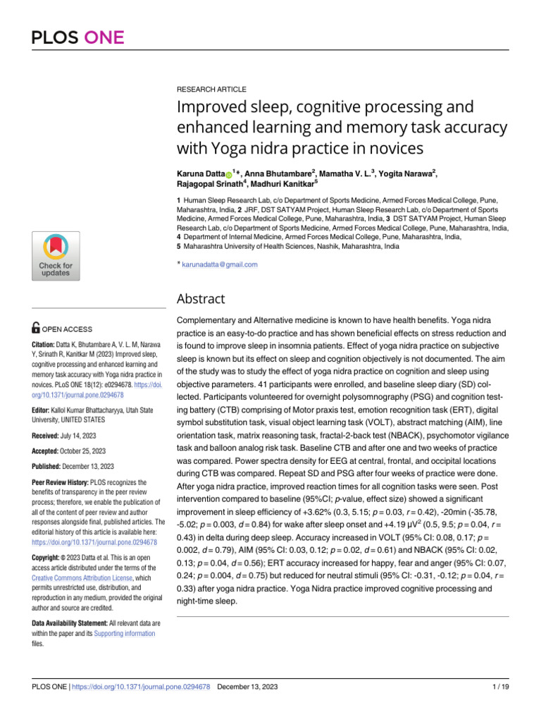 Improved Sleep, Cognitive Processing and Enhanced Learning and Memory Task Accuracy With Yoga ...