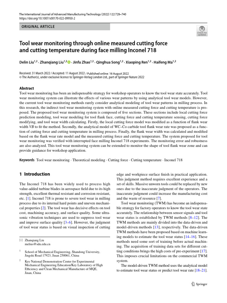 Tool Wear Monitoring Through Online Measured Cutting Force And Cutting Temperature During Face