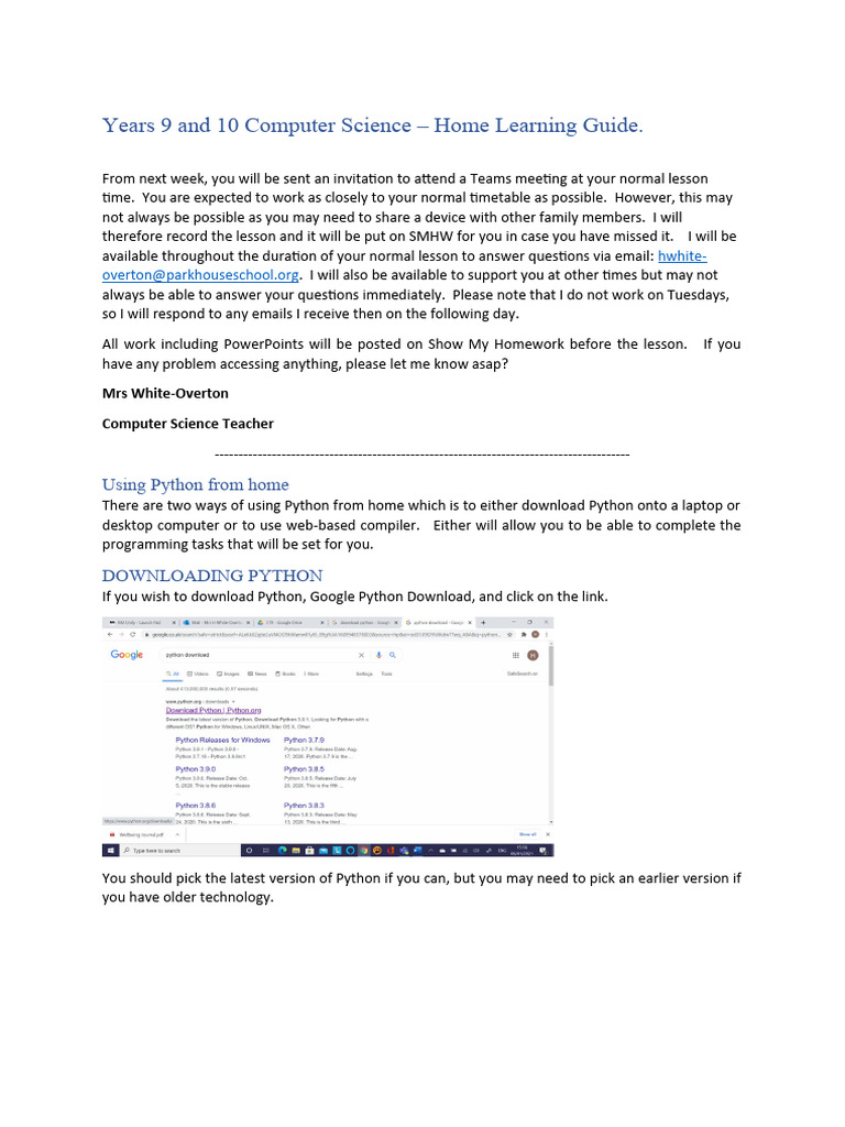 Years 9 and 10 Computer Science - Home Learning Guide | PDF