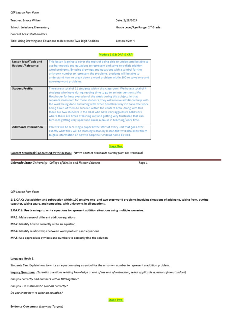 2-28-24 Julesburg 2nd Grade Lesson Plan | PDF | Equations | Lesson Plan