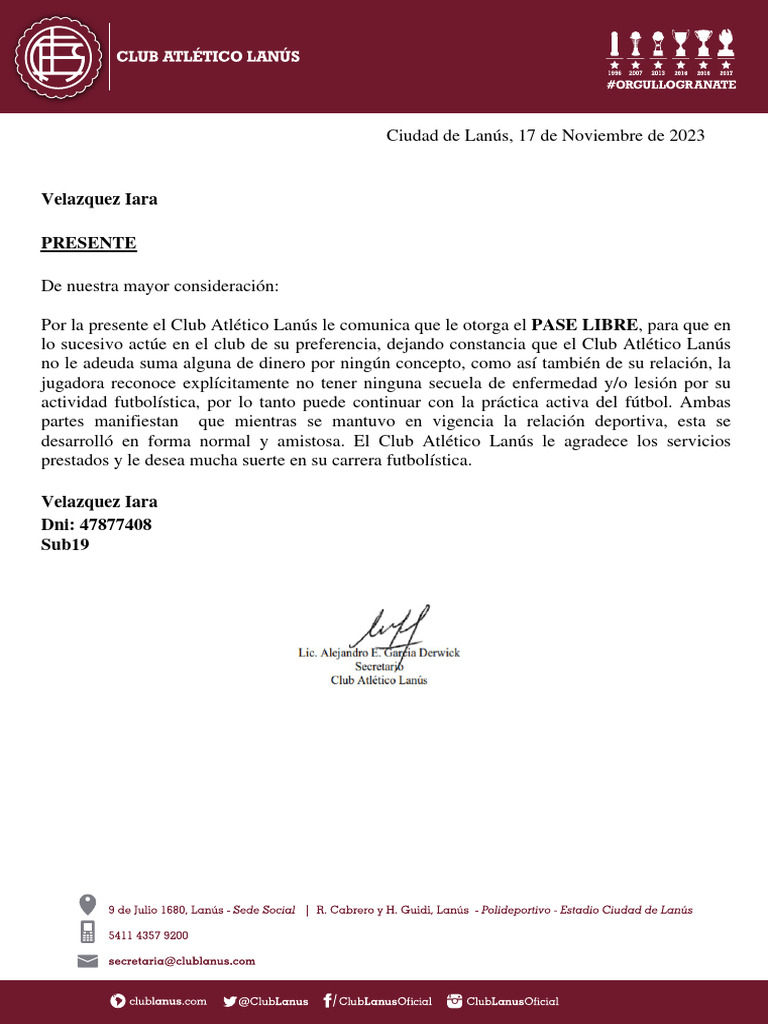 Pase Libre para Iara Velazquez | PDF