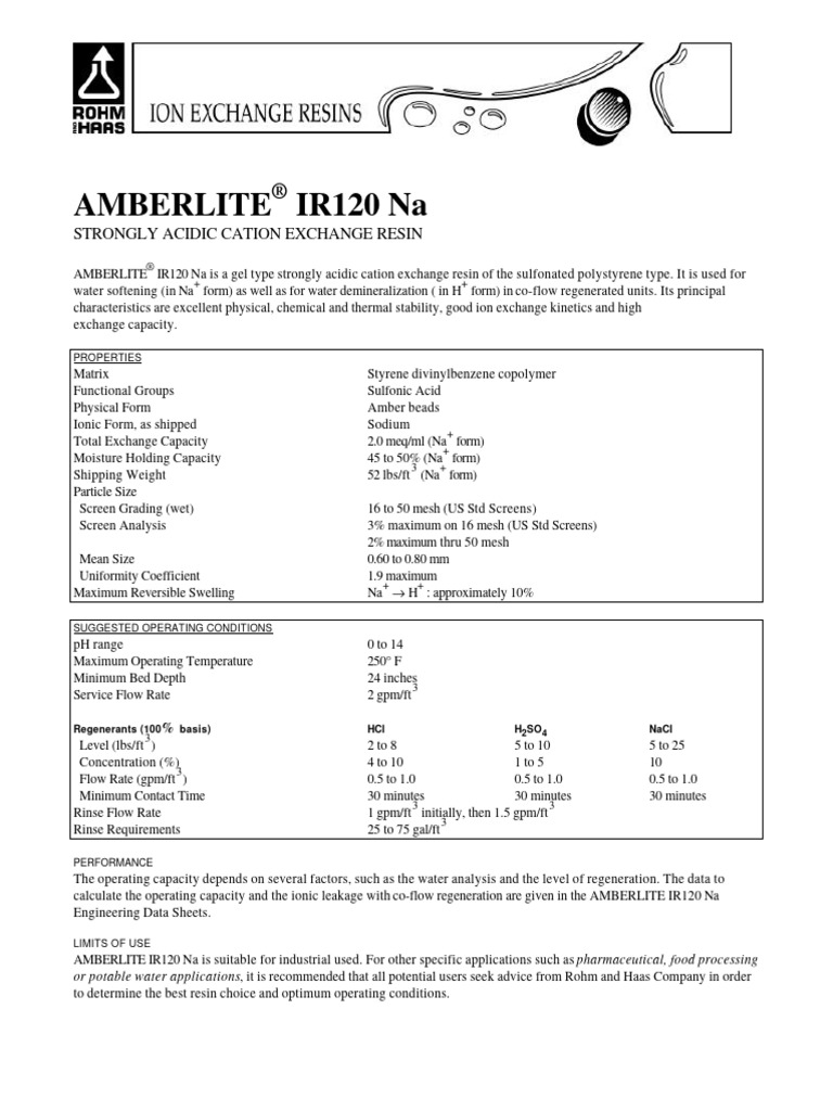Ficha Tecnica Amberlite Ir 120 Na | PDF | Sodium | Ion Exchange