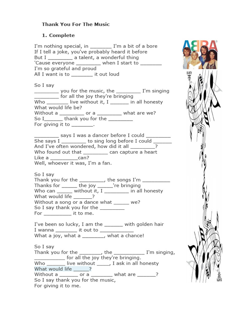 Thank You For The Music by Abba Activities Promoting Classroom Dynamics ...