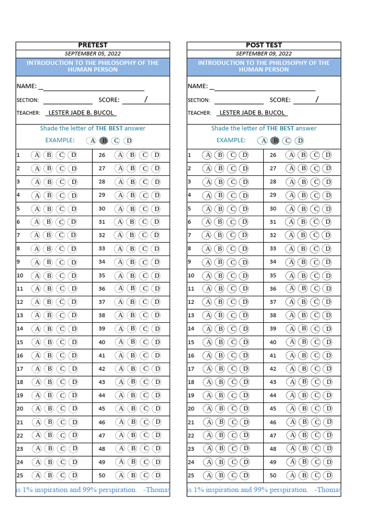 ANSWER SHEET FOR EXAMS | PDF | Intelligence