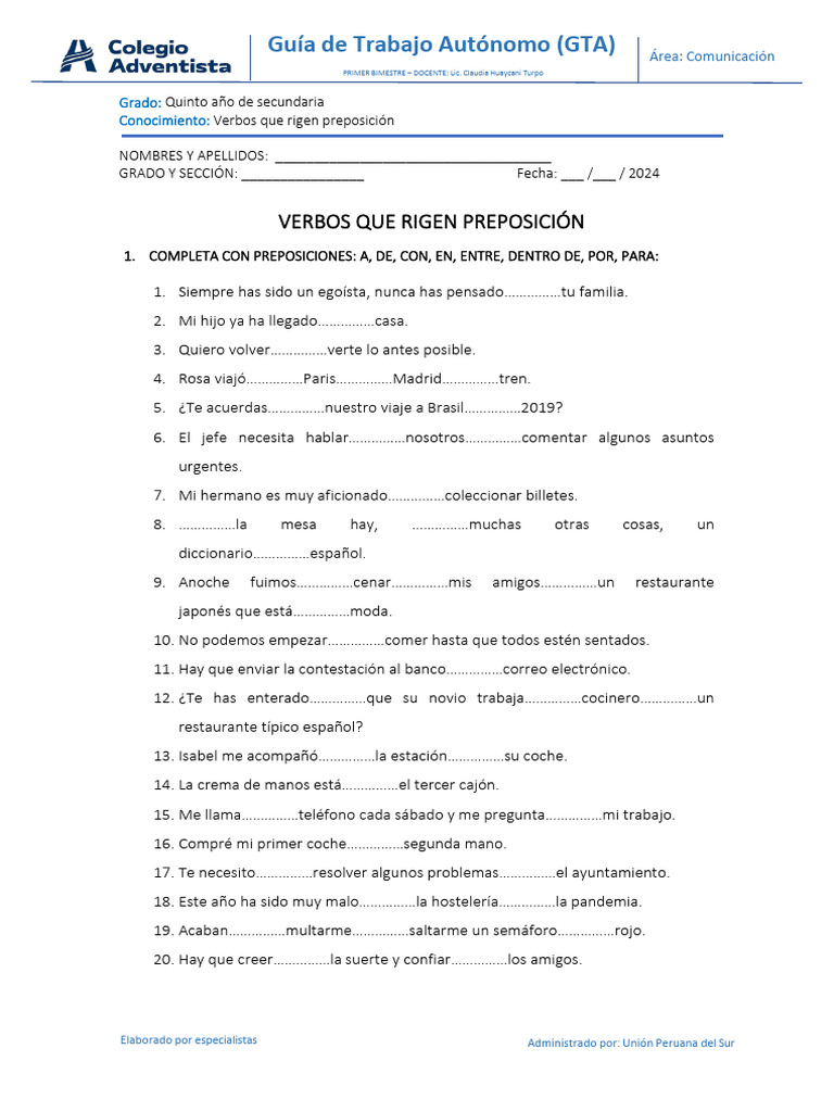 Ficha Práctica - 5to Los Verbos Que Rigen Preposición | PDF