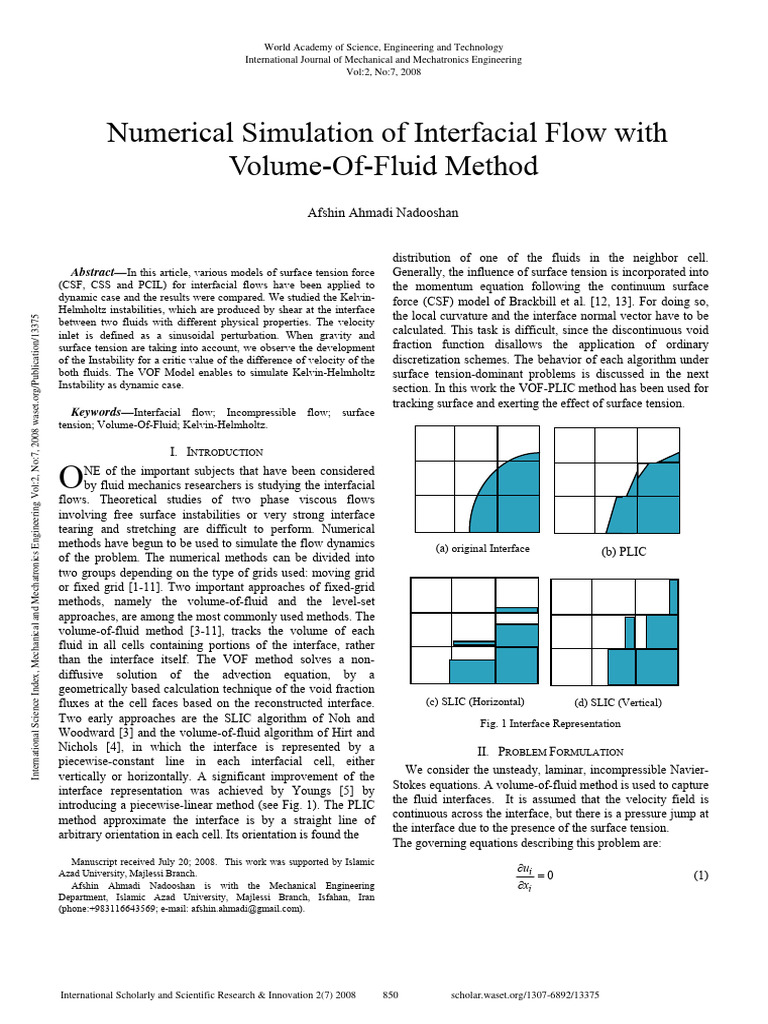 Numerical Simulation Of Interfacial Flow With Volume Of Fluid Method Pdf Fluid Dynamics